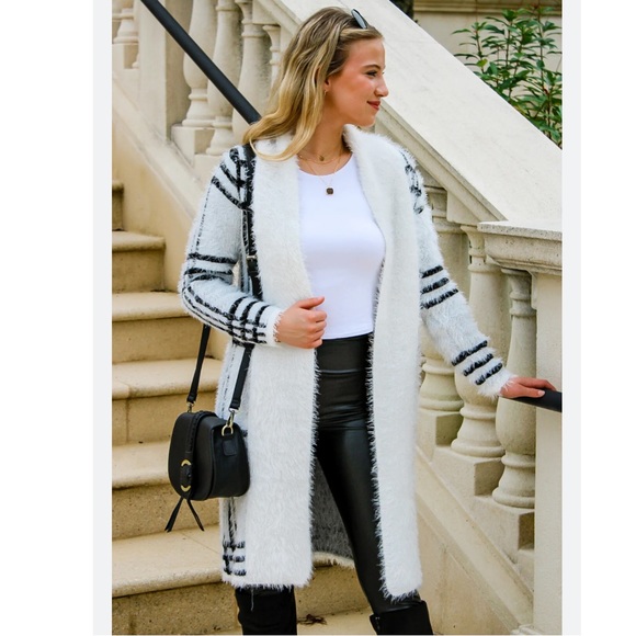 Sweaters | 85 Last 1black White Fuzzy Open Cardigan Lightweight Casual ...